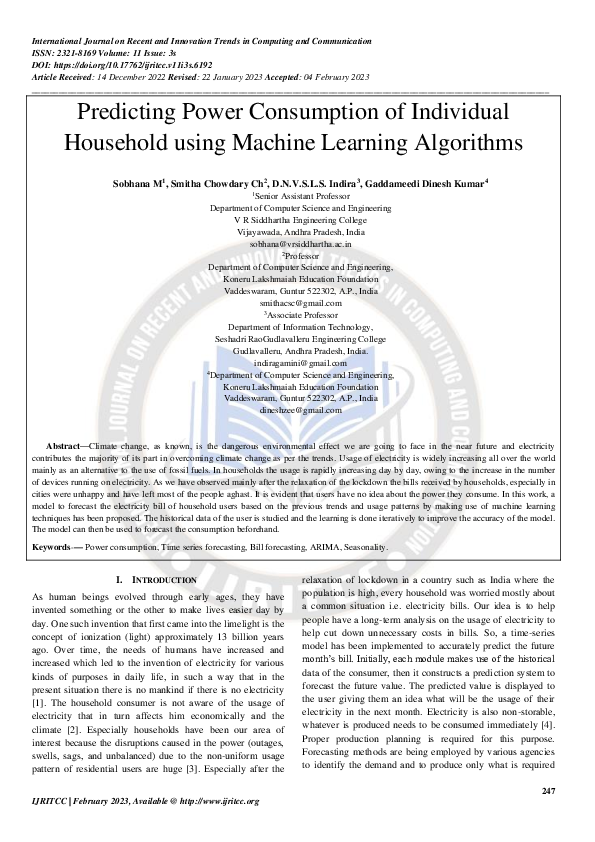 Pdf Predicting Power Consumption Of Individual Household Using Machine Learning Algorithms