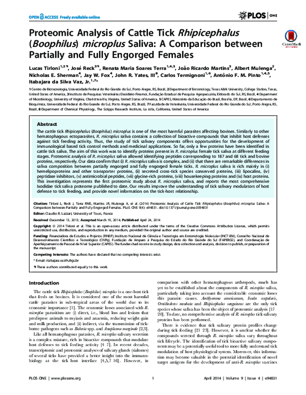 (PDF) Proteomic Analysis of Cattle Tick Rhipicephalus (Boophilus) microplus Saliva: A Comparison ...