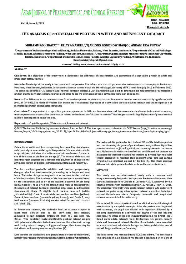 (PDF) THE ANALYSIS OF a-CRYSTALLINE PROTEIN IN WHITE AND BRUNESCENT ...
