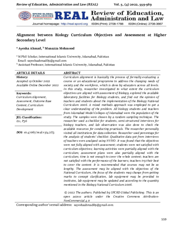 (PDF) Alignment between Biology Curriculum Objectives and Assessment at ...
