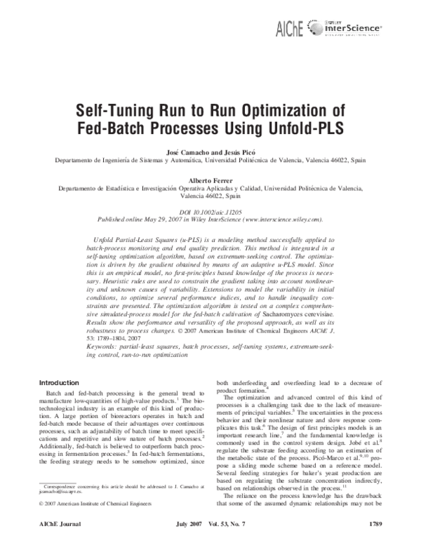 (PDF) Self-tuning run to run optimization of fed-batch processes using unfold-PLS