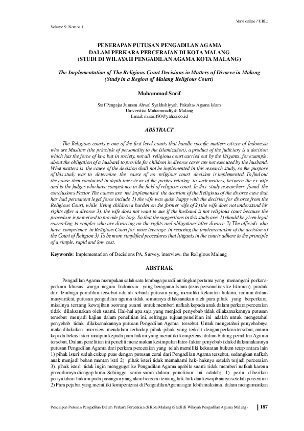 (PDF) Penerapan Putusan Pengadilan Agama dalam Perkara Perceraian di Kota Malang (Studi di ...