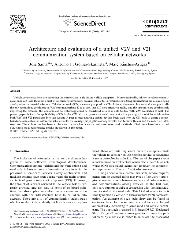 (PDF) Architecture and evaluation of a unified V2V and V2I communication system based on ...