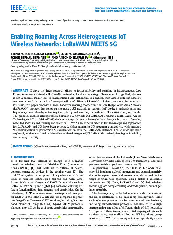 (PDF) Enabling Roaming Across Heterogeneous IoT Wireless Networks: LoRaWAN MEETS 5G