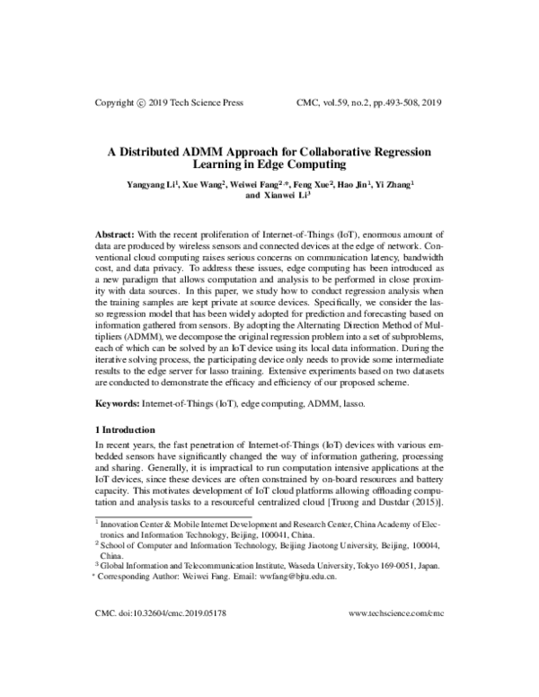 (PDF) A Distributed ADMM Approach for Collaborative Regression Learning in Edge Computing
