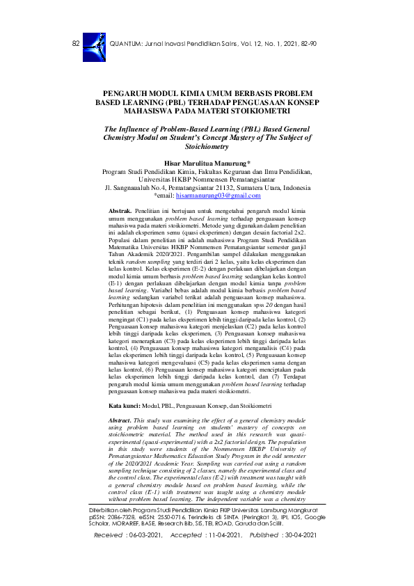 (PDF) Pengaruh Modul Kimia Umum Berbasis Problem Based Learning (PBL) Terhadap Penguasaan Konsep ...
