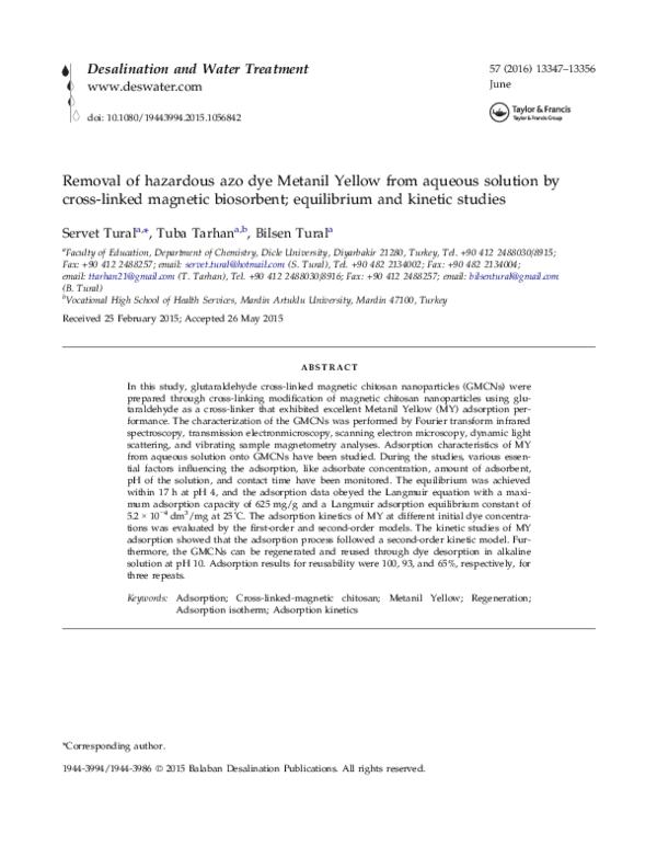 (PDF) Removal of hazardous azo dye Metanil Yellow from aqueous solution by cross-linked magnetic ...