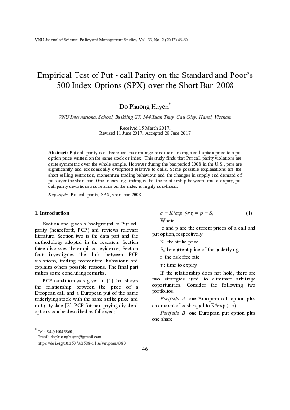(PDF) Empirical Test of Put-Call Parity on SPX Over the Short Ban 2008
