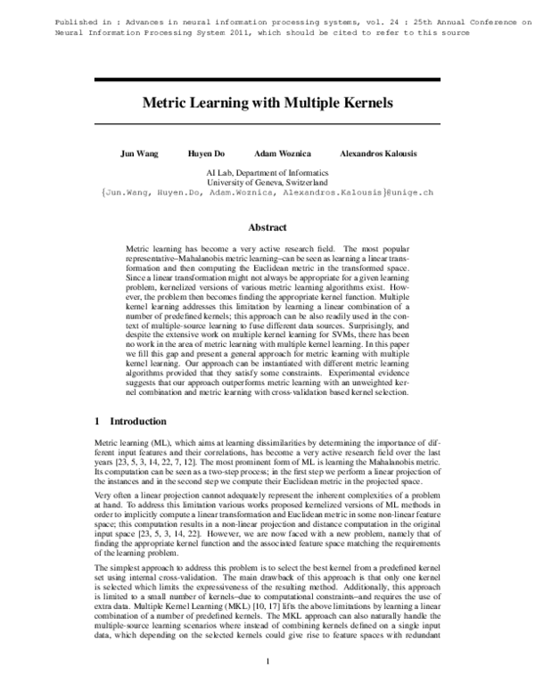 (PDF) Metric learning with multiple kernels
