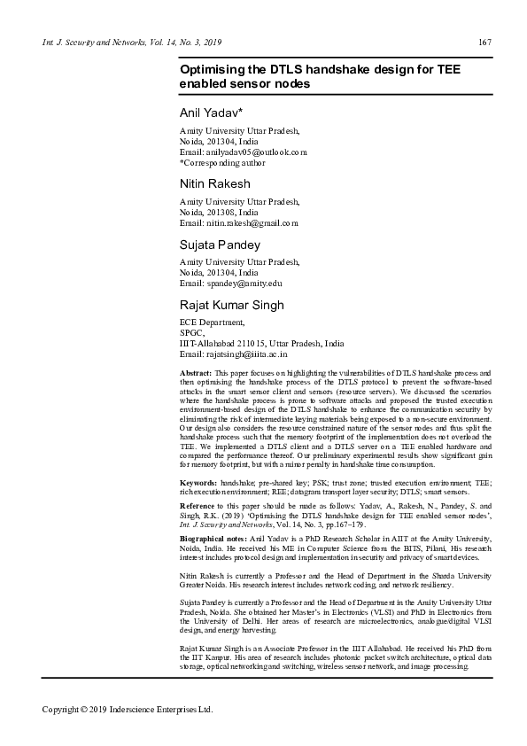 (PDF) Optimising the DTLS handshake design for TEE enabled sensor nodes