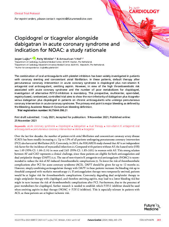 (PDF) Clopidogrel or ticagrelor alongside dabigatran in acute coronary ...