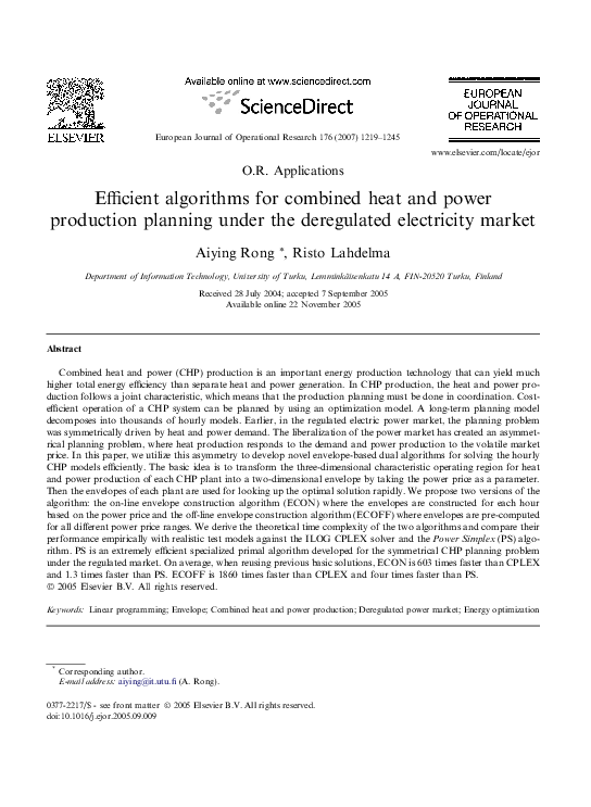 (PDF) Efficient algorithms for combined heat and power production planning under the deregulated ...