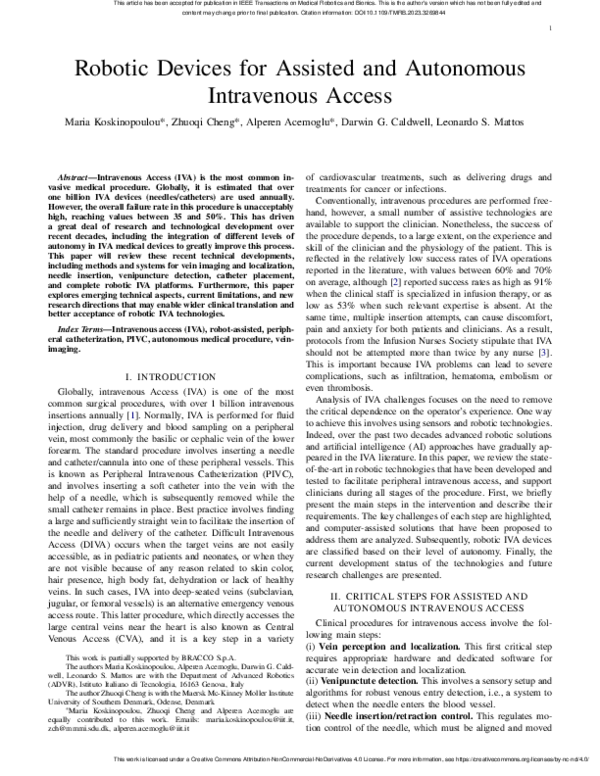 (PDF) Robotic Devices for Assisted and Autonomous Intravenous Access
