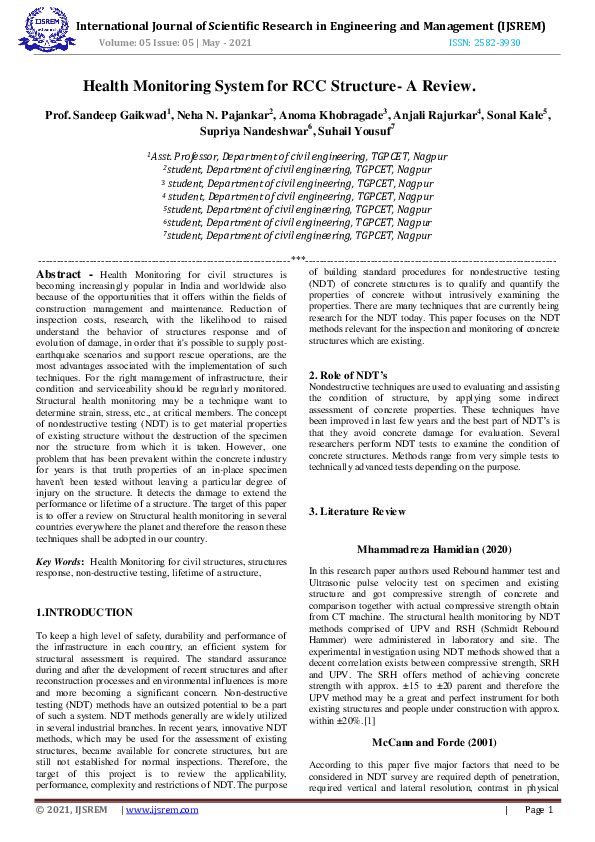 Pdf Health Monitoring System For Rcc Structure A Review