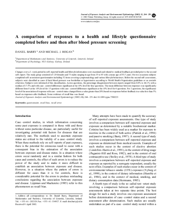 (PDF) A comparison of responses to a health and lifestyle questionnaire ...