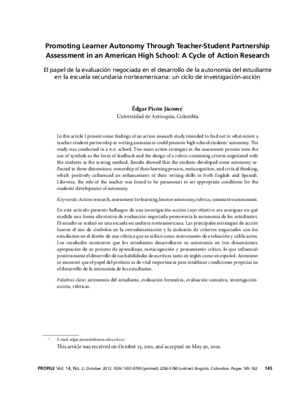 (PDF) Promoting Learner Autonomy Through Teacher-Student Partnership Assessment in an American ...