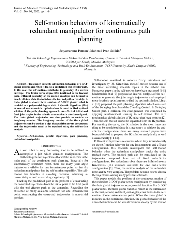 Pdf Self Motion Behaviors Of Kinematically Redundant Manipulator For Continuous Path Planning