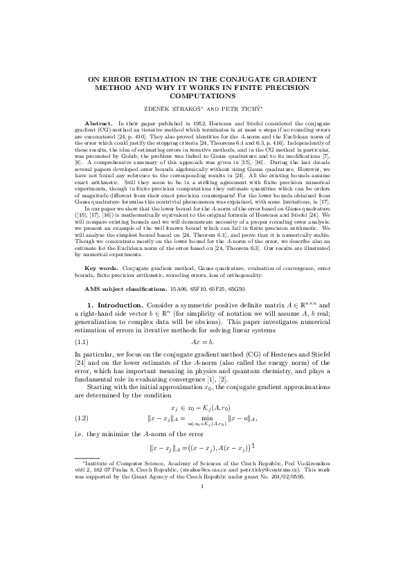 Pdf On Error Estimation In The Conjugate Gradient Method And Why It Works In Finite Precision