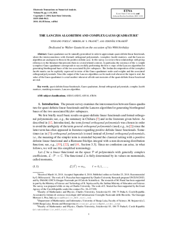 Pdf The Lanczos Algorithm And Complex Gauss Quadrature