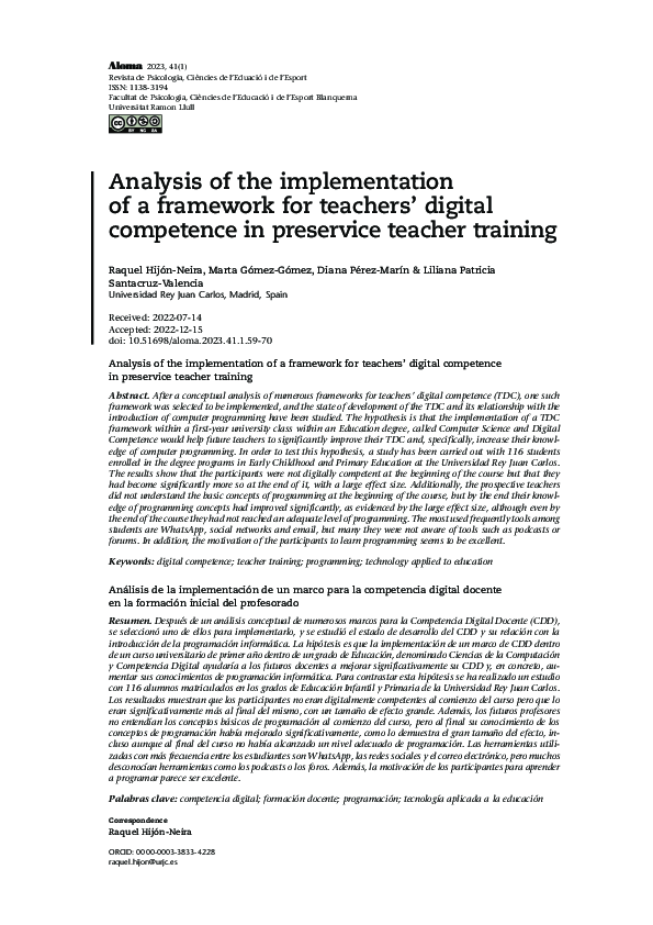 (PDF) Analysis of the implementation of the teaching digital competence framework in preservice ...