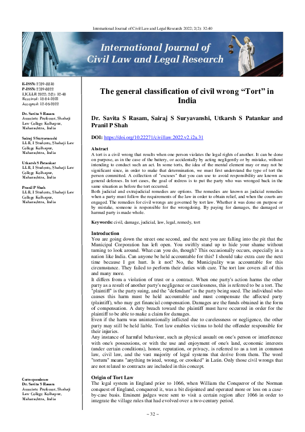 (PDF) The general classification of civil wrong “Tort” in India