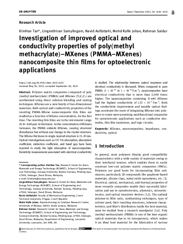 (PDF) Investigation of improved optical and conductivity properties of poly(methyl methacrylate ...