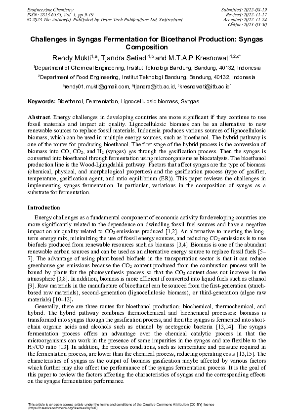 (PDF) Challenges in Syngas Fermentation for Bioethanol Production: Syngas Composition