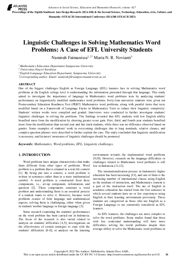 (PDF) Linguistic Challenges in Solving Mathematics Word Problems: A Case of EFL University Students