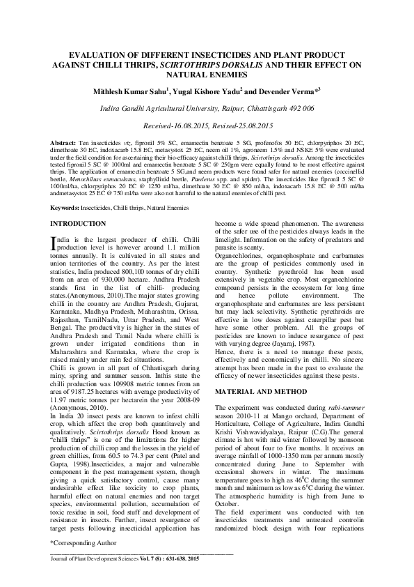 (PDF) Evaluation of Different Insecticides and Plant Product Against Chilli Thrips, Scirtothrips ...