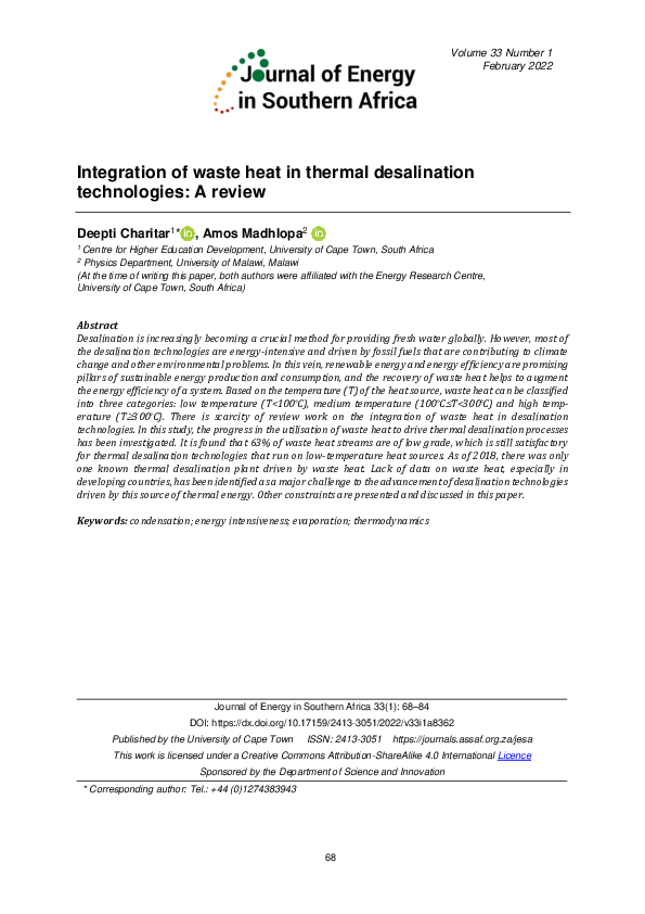 (PDF) Integration of waste heat in thermal desalination technologies: A review