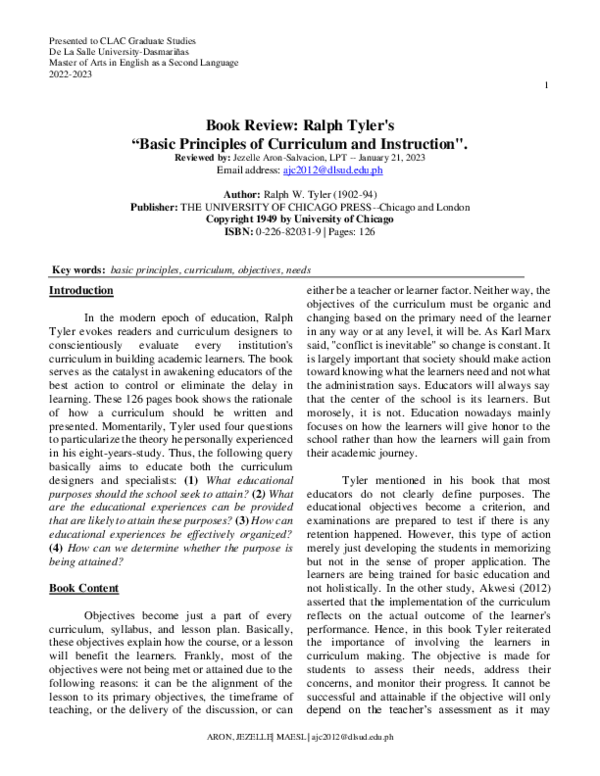 (PDF) Book Review: Ralph Tyler's "Basic Principles of Curriculum and ...