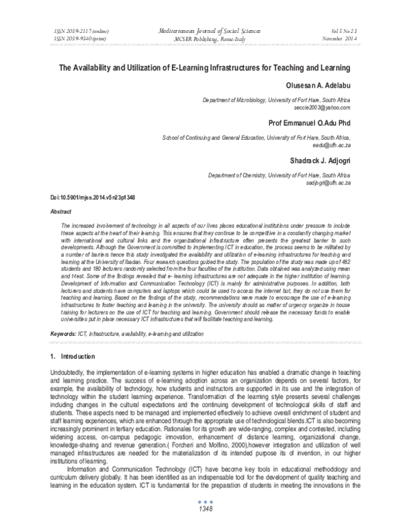 (PDF) The Availability and Utilization of E-Learning Infrastructures for Teaching and Learning