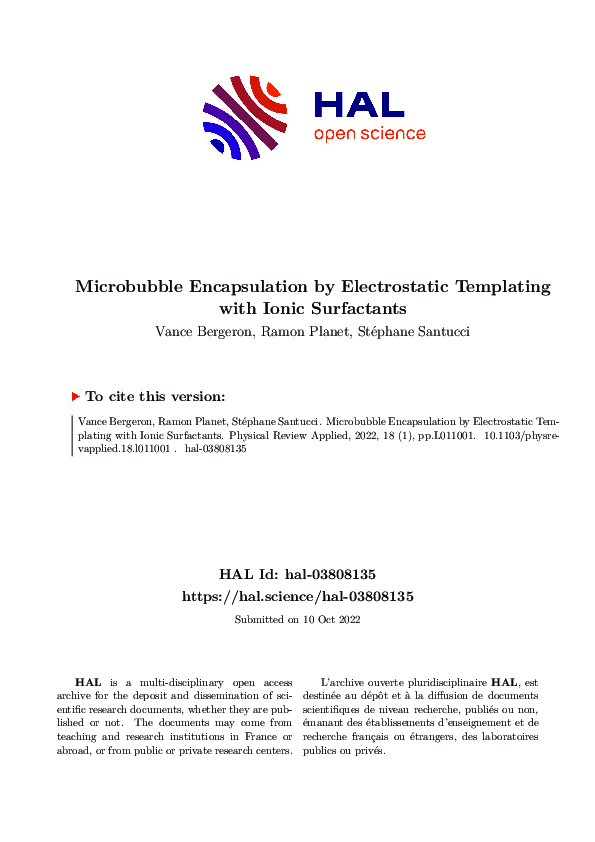 (PDF) Microbubble Encapsulation by Electrostatic Templating with Ionic Surfactants