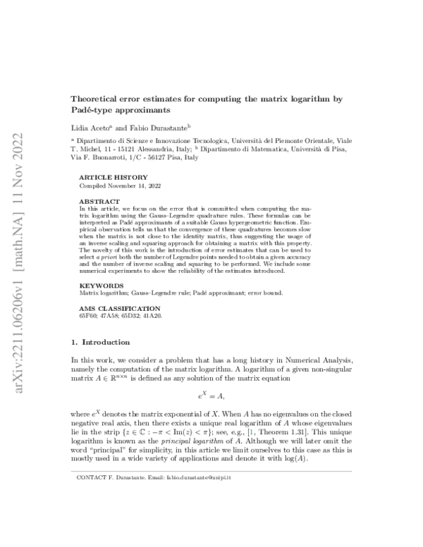 Pdf Theoretical Error Estimates For Computing The Matrix Logarithm By