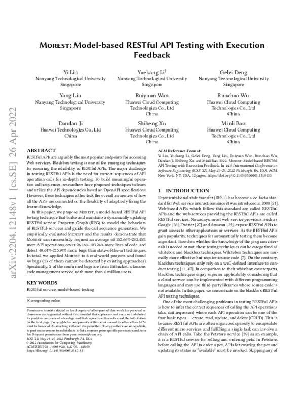 (PDF) Morest: Model-based RESTful API Testing with Execution Feedback