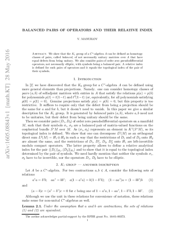 (PDF) Balanced pairs of operators and their relative index