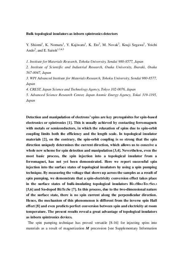 (PDF) Bulk topological insulators as inborn spintronics detectors