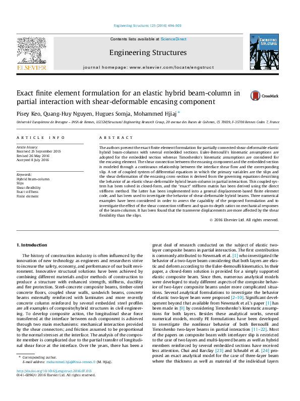 Pdf Exact Finite Element Formulation For An Elastic Hybrid Beam Column In Partial Interaction