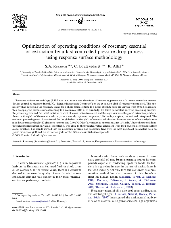 (PDF) Optimization of operating conditions of rosemary essential oil extraction by a fast ...