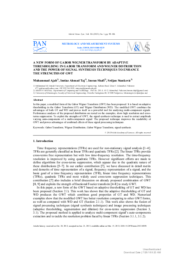 (PDF) A New Form of Gabor Wigner Transform by Adaptive Thresholding in Gabor Transform and ...