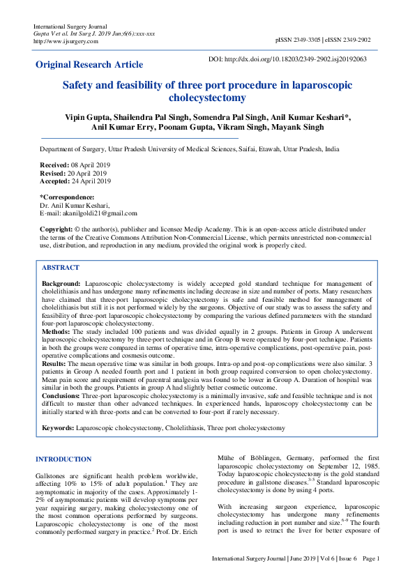 (PDF) Safety and feasibility of three port procedure in laparoscopic cholecystectomy