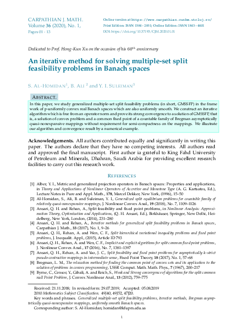 Pdf An Iterative Method For Solving Multiple Set Split Feasibility Problems In Banach Spaces