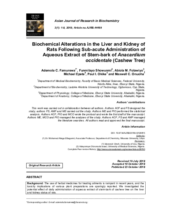 (PDF) Hepatotoxic and Nephrotoxic Potentials of Aqueous Extract of Stem-Bark of Cashew Tree ...
