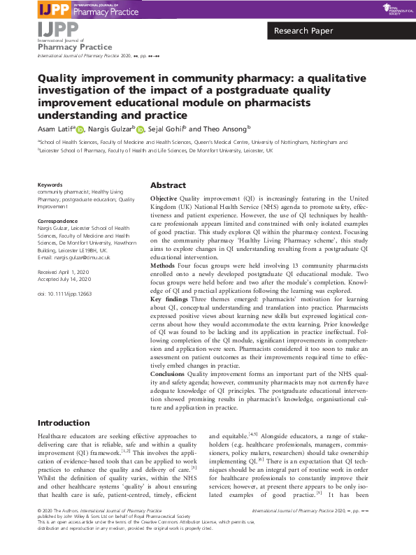 (PDF) Quality improvement in community pharmacy: a qualitative ...