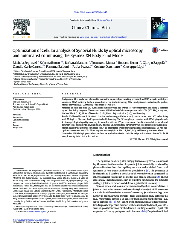 (PDF) Optimization of Cellular analysis of Synovial Fluids by optical ...