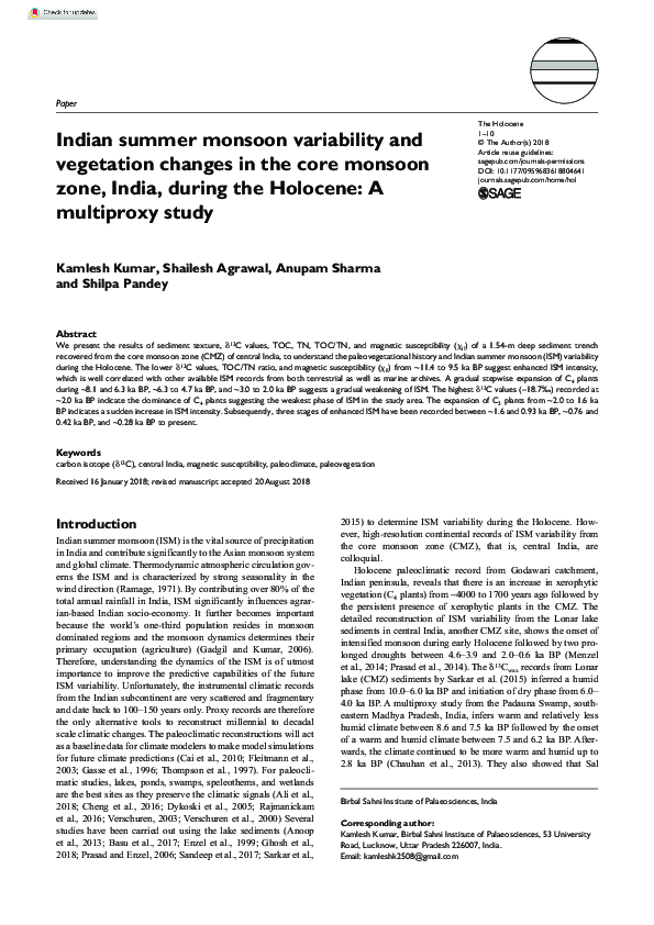 (PDF) Indian summer monsoon variability and vegetation changes in the ...