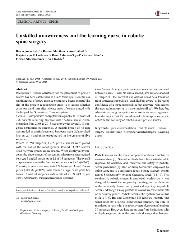 (PDF) Unskilled unawareness and the learning curve in robotic spine surgery