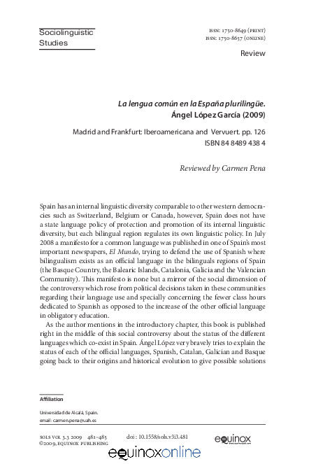 (PDF) La lengua común en la España plurilingüe. Angel Lopez Garcia (2009)