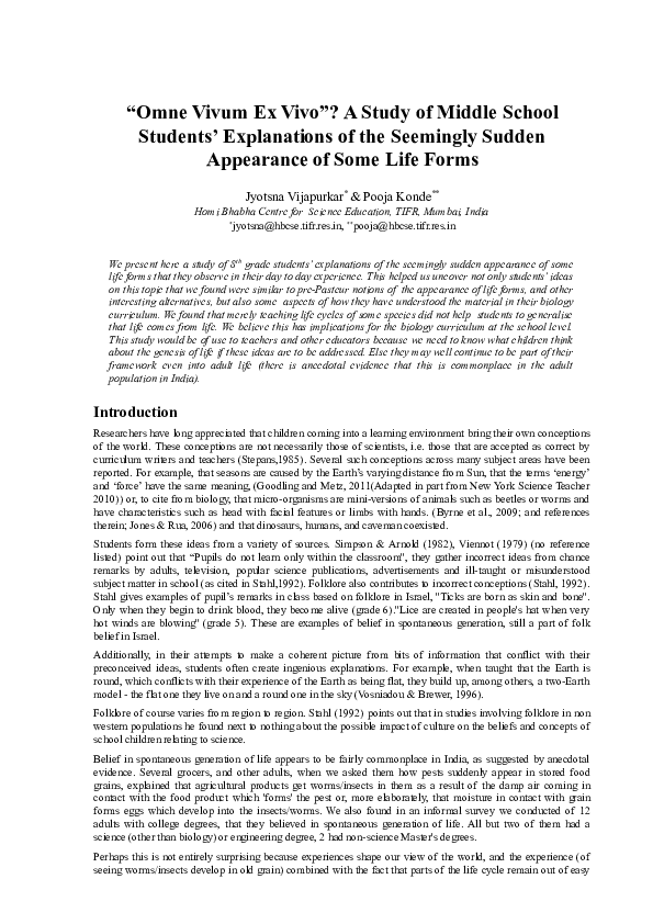 (PDF) “Omne Vivum Ex Vivo”? A Study of Middle School Students ...