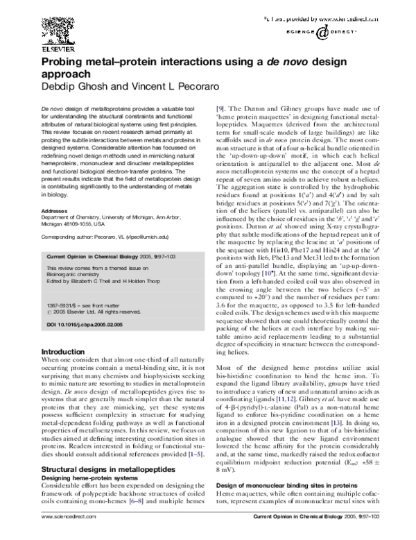 (PDF) Metal-Protein Interactions in De Novo Design